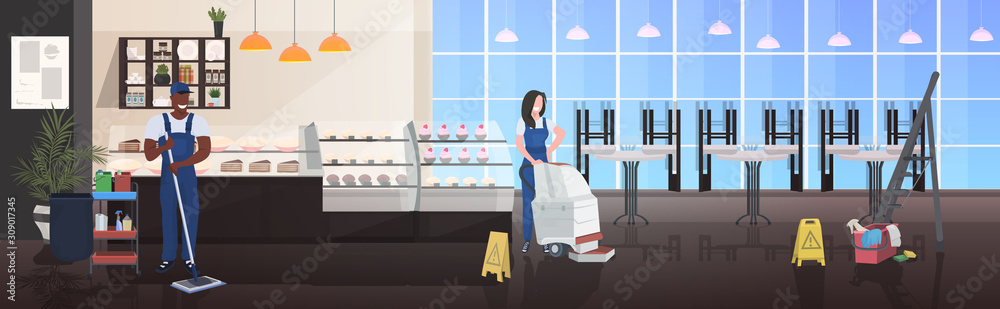 couple cleaners using mop and vacuum cleaner mix race man woman ...