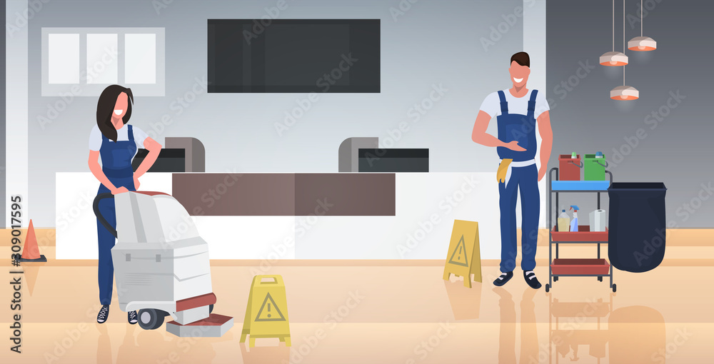 couple cleaners vacuum cleaner happy man woman janitors in uniform ...