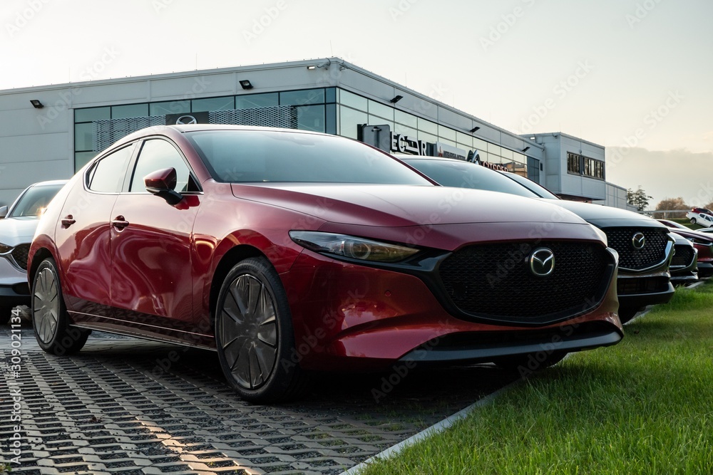 Brand new red Japanese Mazda 3 hatchback car of the 2019 and 2020 model ...