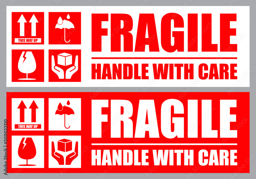 Fragile, Handle with Care or Package Label stickers set. Red and white ...