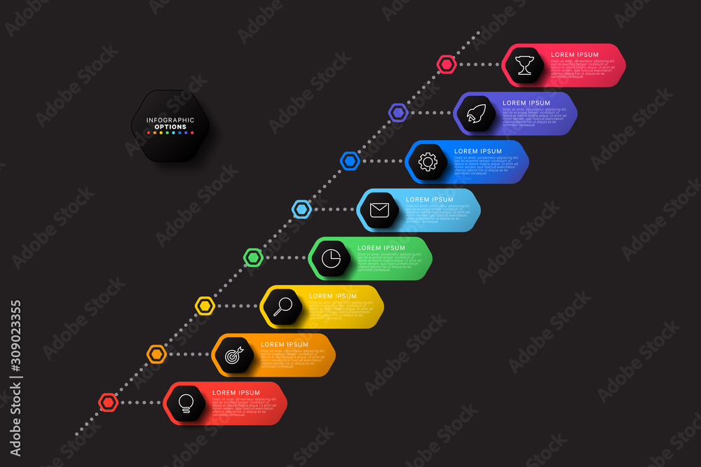 diagonal timeline infographic with hexagonal elements on black ...