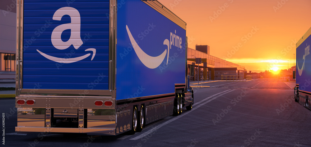 trucks with a semi-trailer with the Amazon Prime logo at the Amazon ...