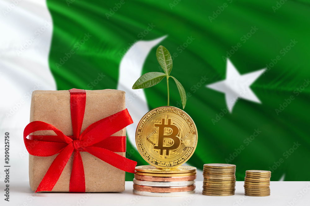 Pakistan investing concept. Golden bitcoin piles next to gift box and ...