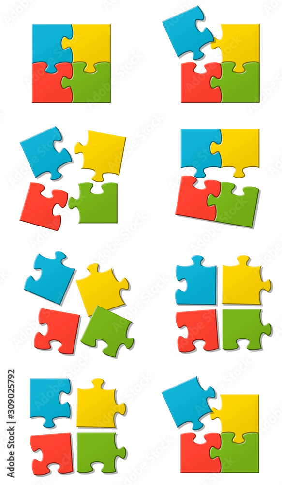 Jigsaw puzzle pieces in various colours in different configurations on ...