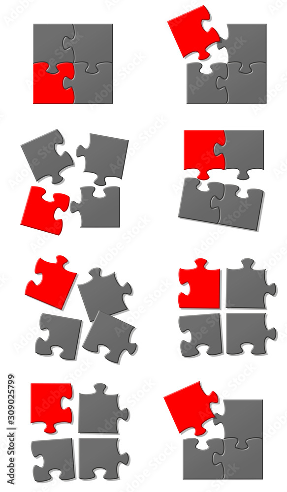 Jigsaw puzzle pieces in various colours in different configurations on ...