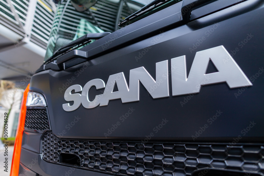 MUNICH / GERMANY - APRIL 14, 2019: Scania branch on a Scania truck ...