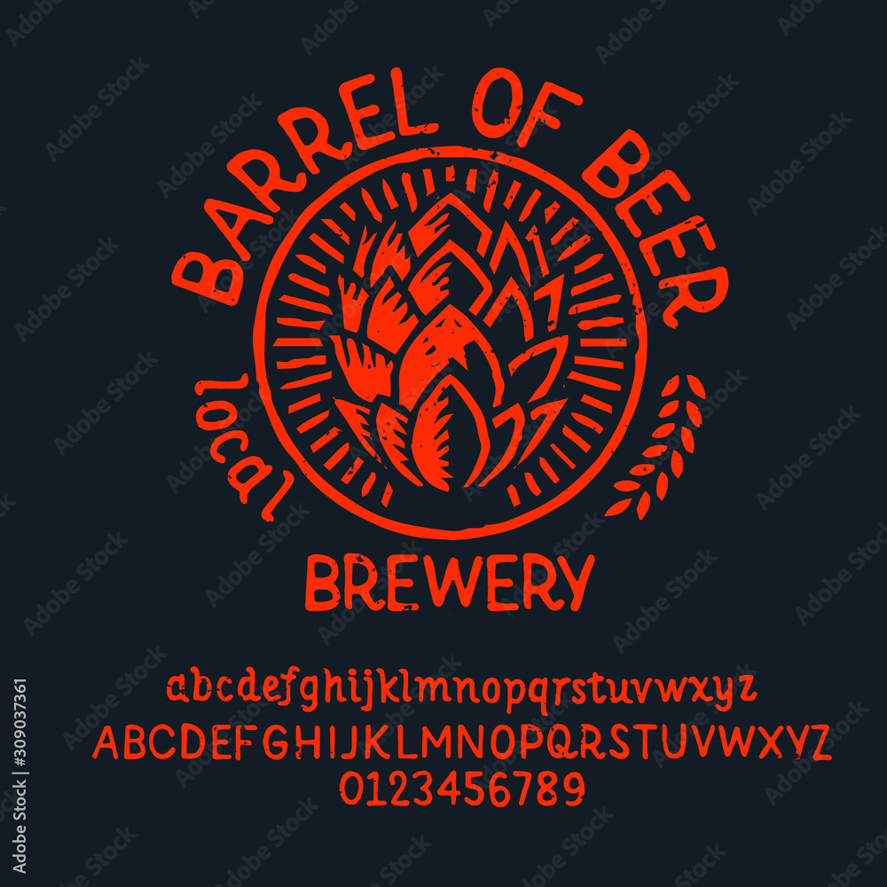 " beer " typeface. Vector hand crafted font in medieval style with hops ...