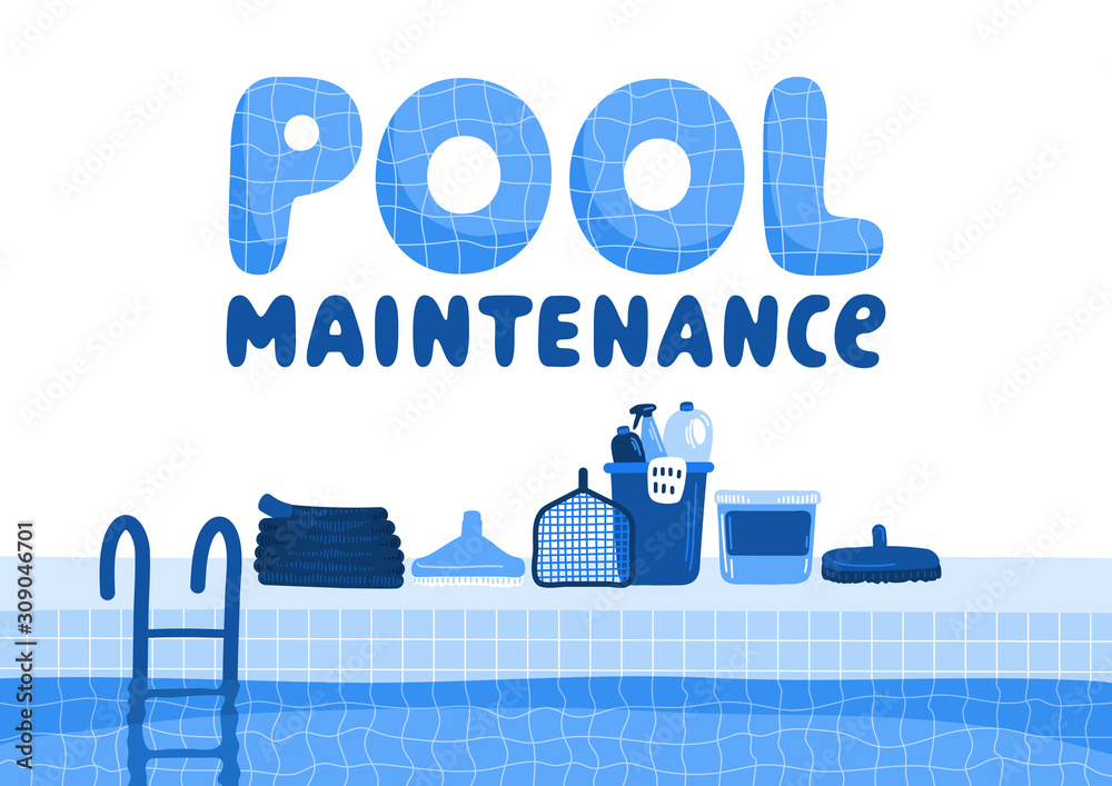 Pool maintenance accessories. Swimming pool with lettering on white ...