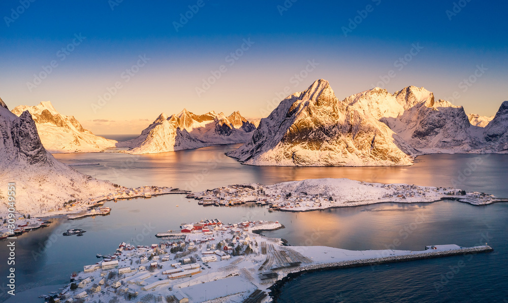 Amazing aerial view of Lofoten Islands nature from drone, winter ...