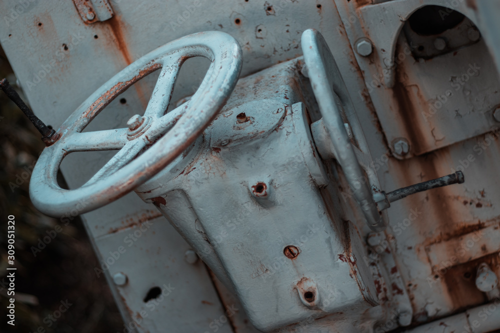 Rusted old hand cranks used for moving world war two anti air turret ...