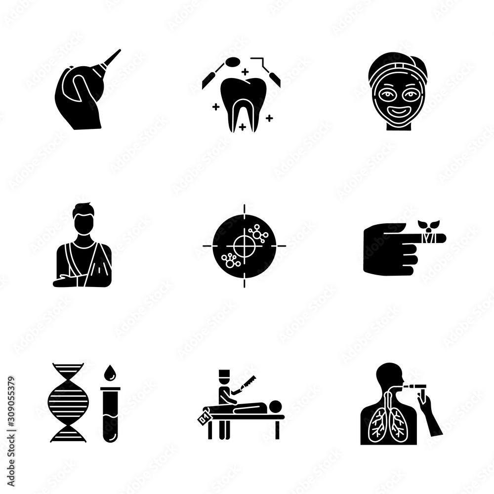 Medical procedure glyph icons set. Healthcare. Orthopedic cast ...