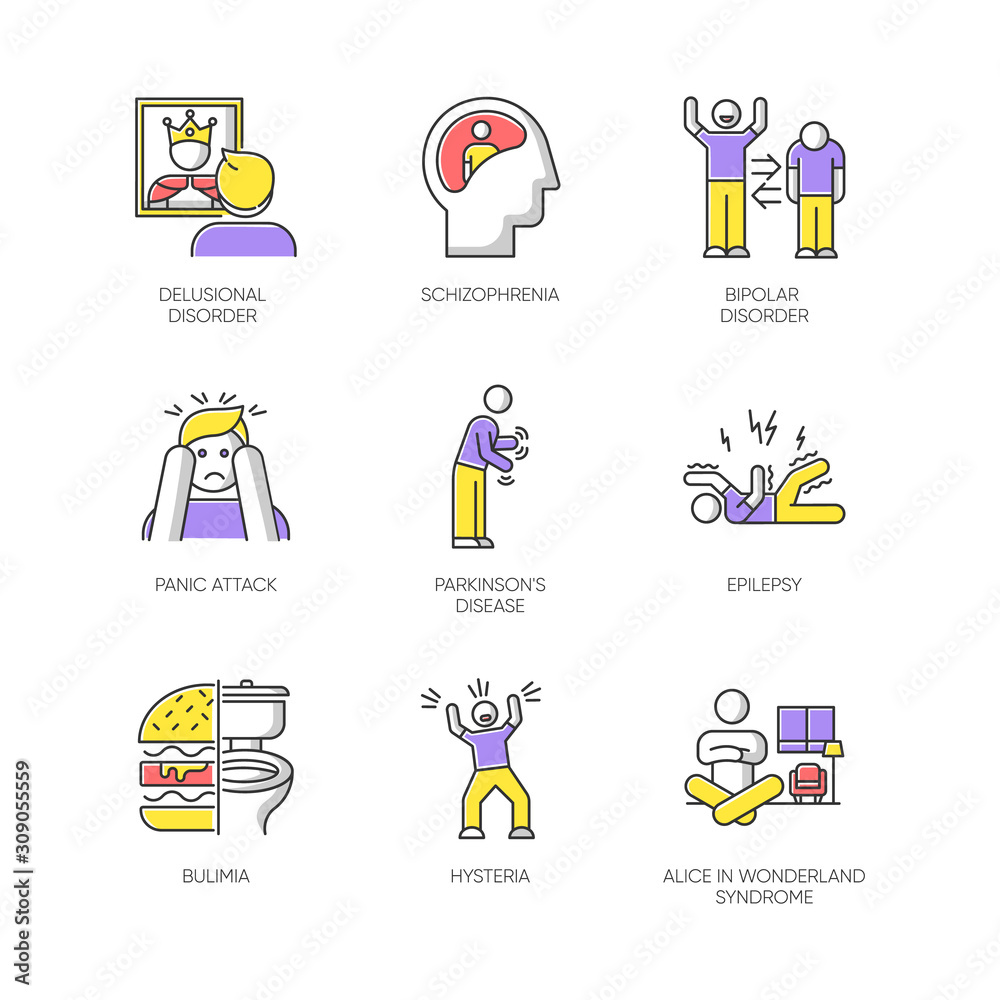 Mental disorder color icons set. Delusion and schizophrenia. Bipolar ...