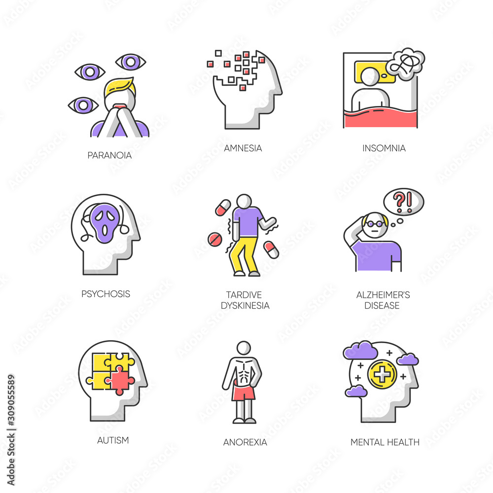 Mental disorder color icons set. Paranoia, psychosis. Amnesia, insomnia ...