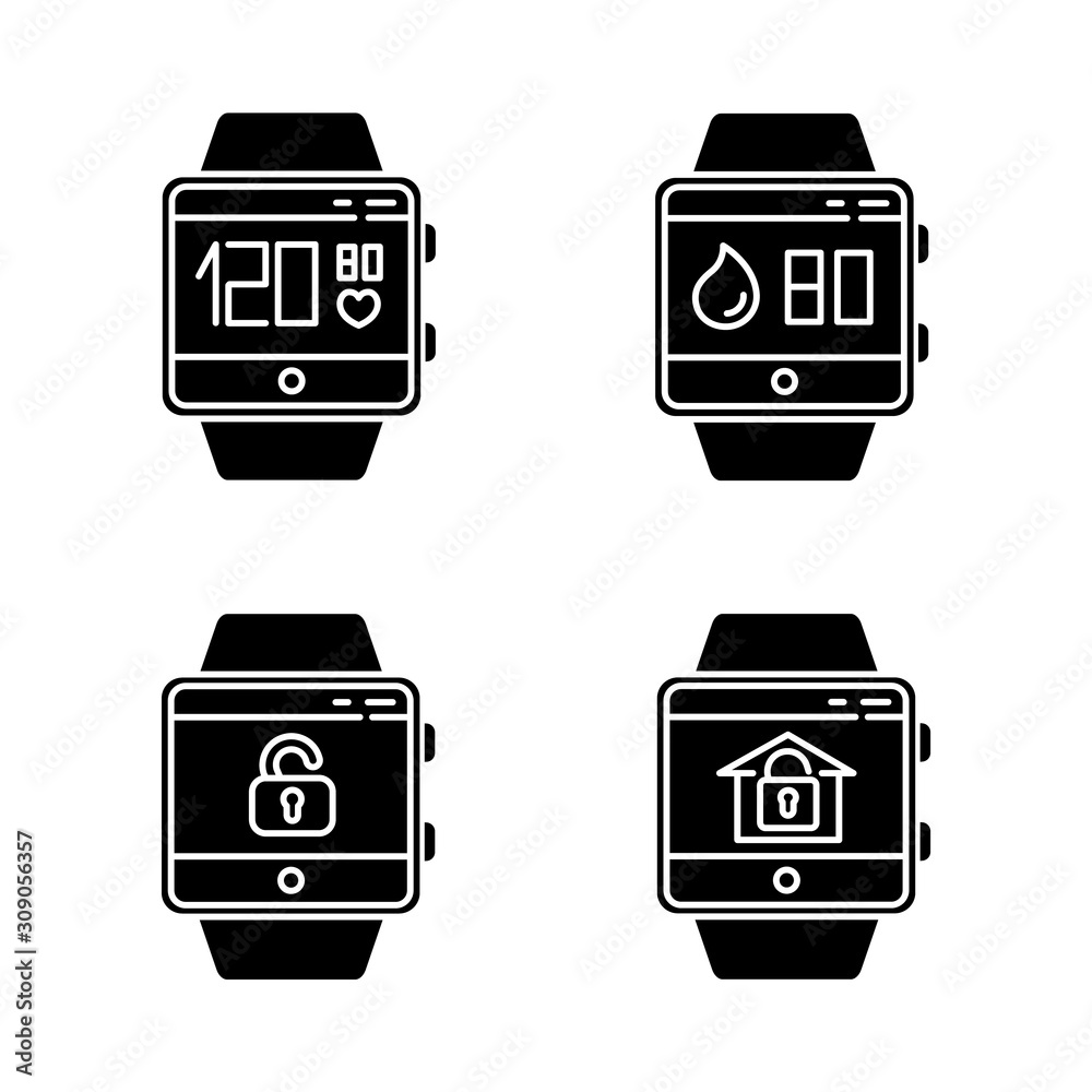 Fitness tracker functions glyph icons set. Smartwatch capabilities and ...