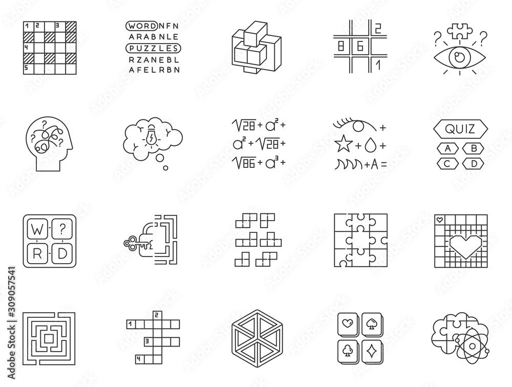 Puzzles and riddles linear icons set. Mental exercise. Challenge ...