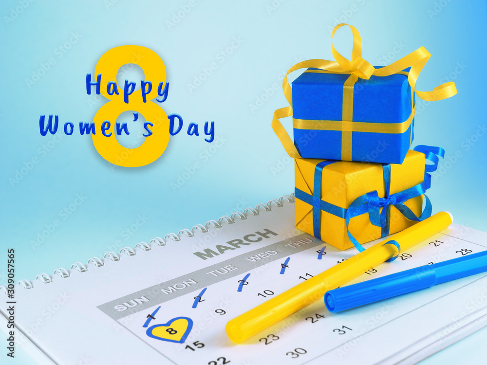 Yellow and blue gift boxes on calendar with crossed out dates until ...