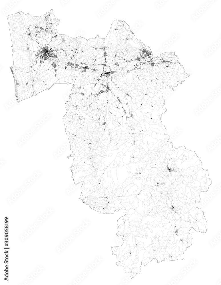 Satellite map of province of Pisa, towns and roads, buildings and ...