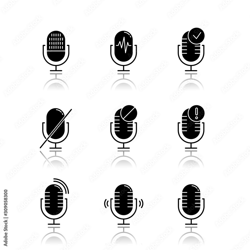 Microphone connection problem drop shadow black glyph icons set. Sound ...