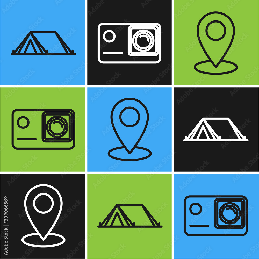 Set line Tourist tent, Map pin and Action extreme camera icon. Vector ...