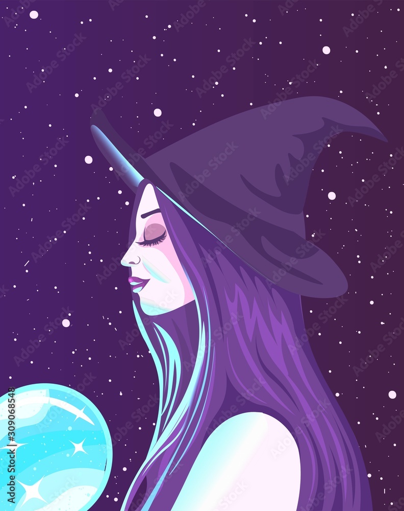 Meditating wiccan witch with purple hair holding a glowing neon crystal ...