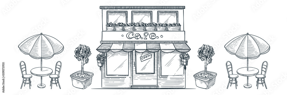Street cafe, shop or bakery building. Vector sketch illustration of ...