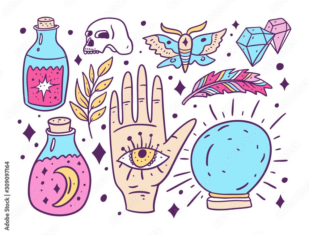 Occultism magic symbols collection set. Doodle style. Flat cartoon ...