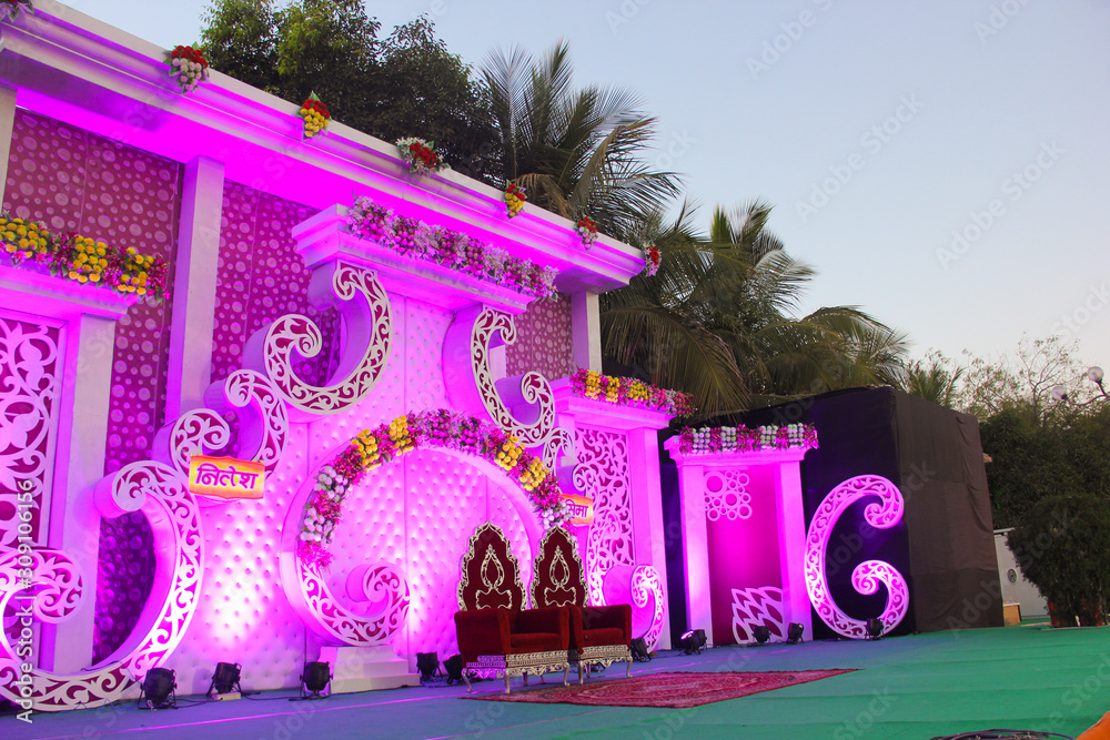 indian wedding ceremony :stage decoration with lighting and flower ...