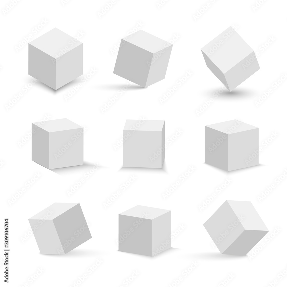 White cubes set. 3D abstract box with shadow. Geometric set. Paper ...