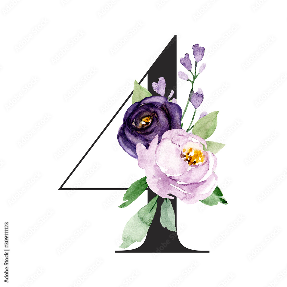 Number 4 with watercolor flowers roses, hand painting. Perfectly for ...