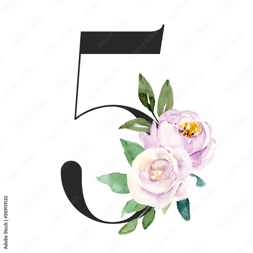 Number 5 with watercolor flowers roses, hand painting. Perfectly for ...