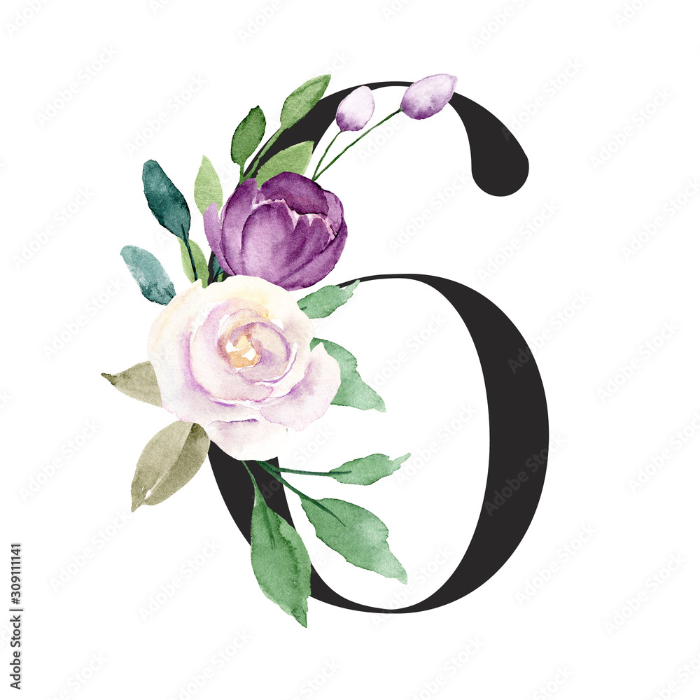 Number 6 with watercolor flowers roses, hand painting. Perfectly for ...