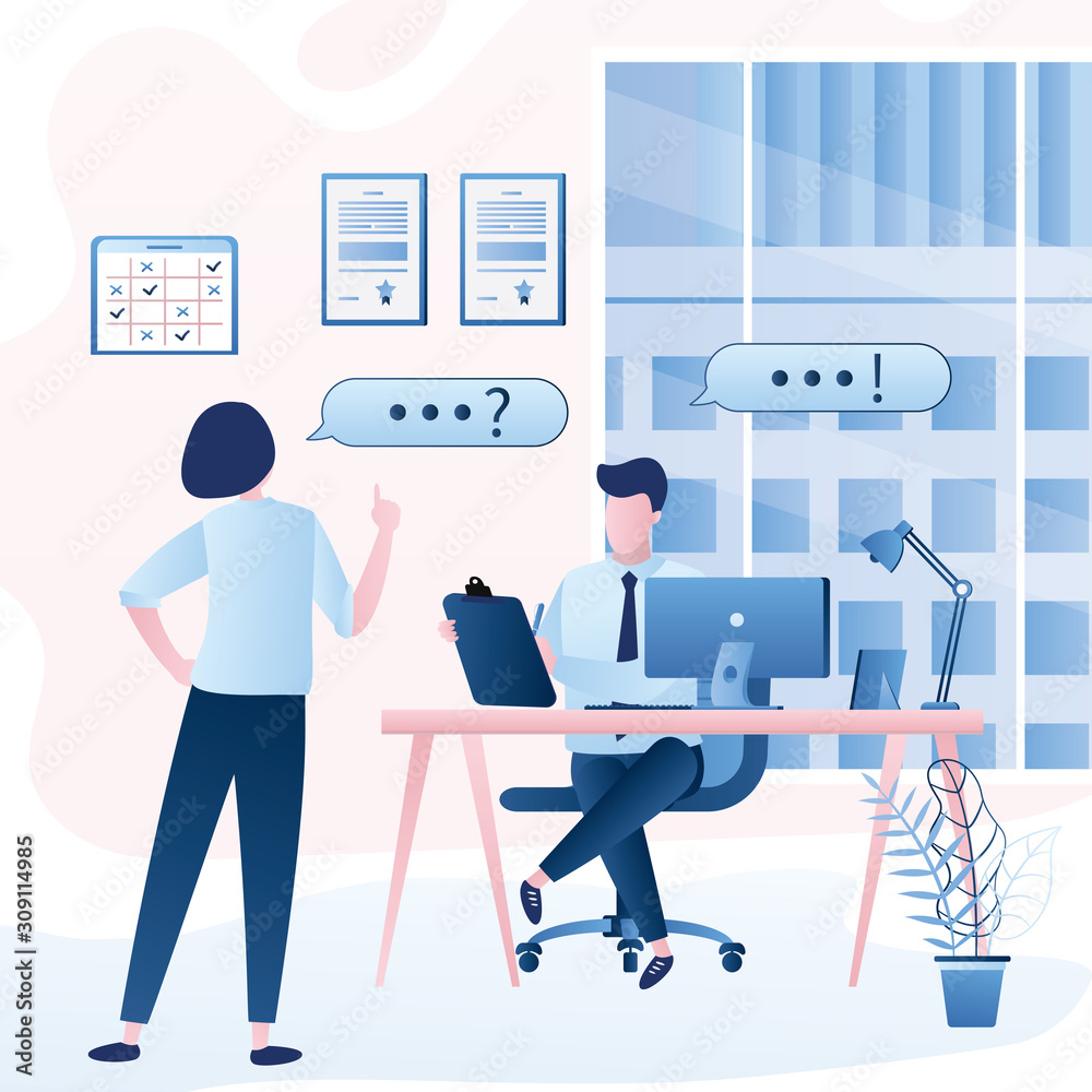 Business people talking. Colleagues communicate at work. Female boss ...