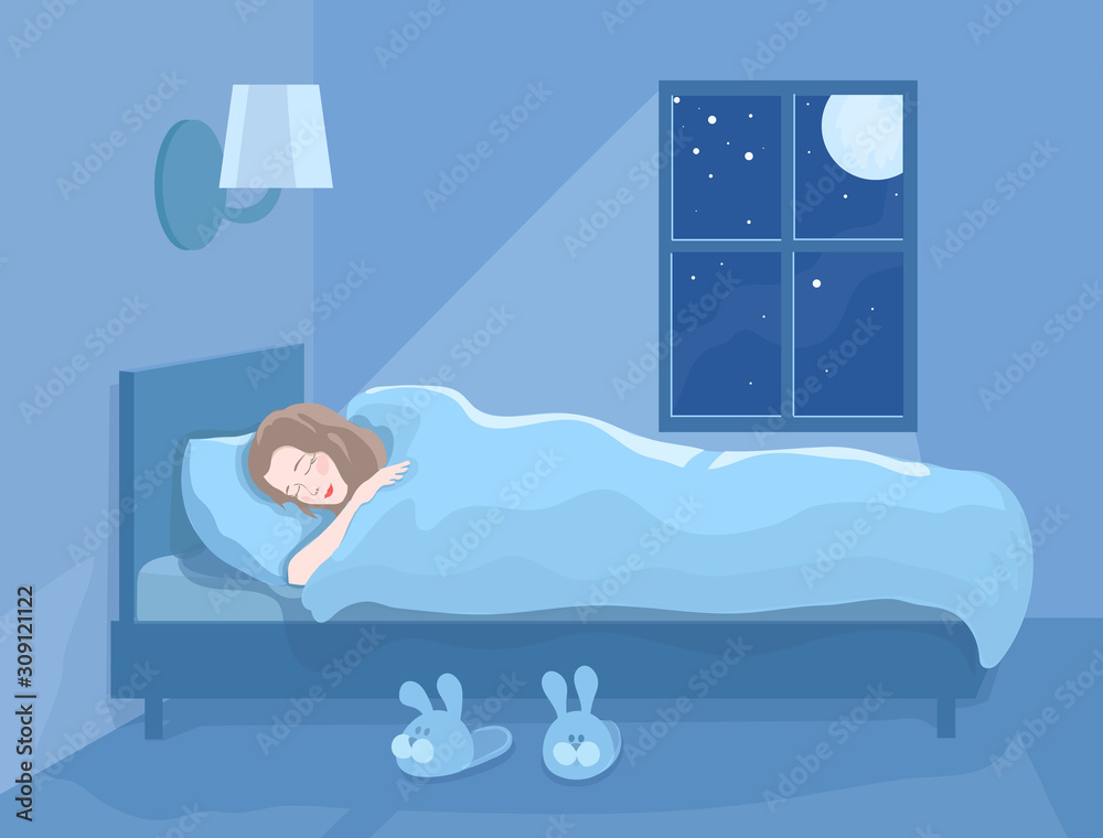 Woman Sleeping At Night In Her Bed Lady Cartoon Character Beautiful