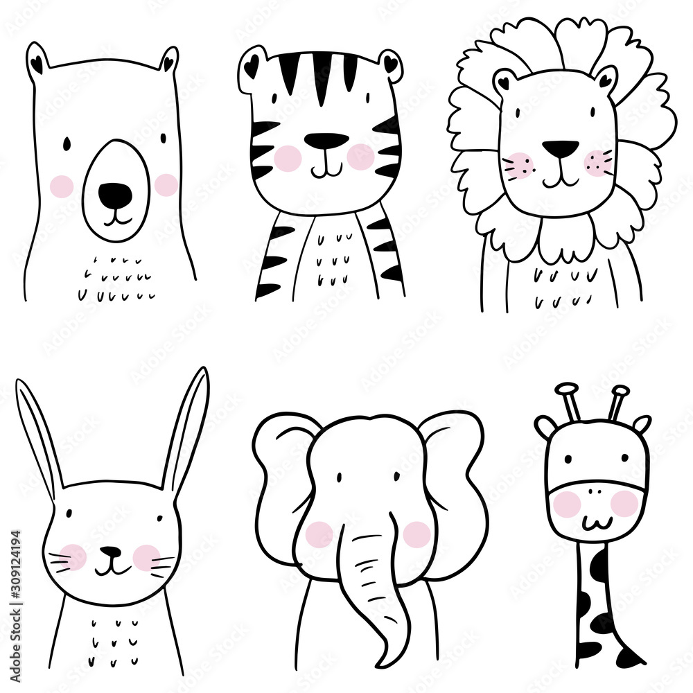 set of hand drawn cute animals. children's illustrations. animals ...