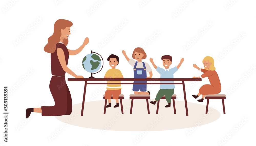 Kindergarten geography lesson flat vector illustration. Female ...