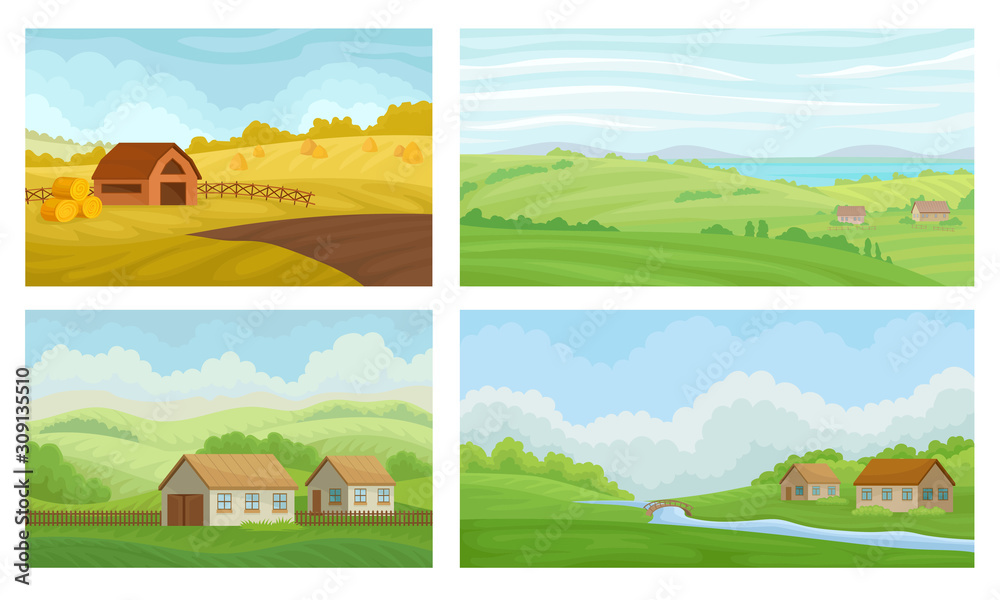 Countryside Landscapes Vector Set. Rural Area Graphic Collection ...