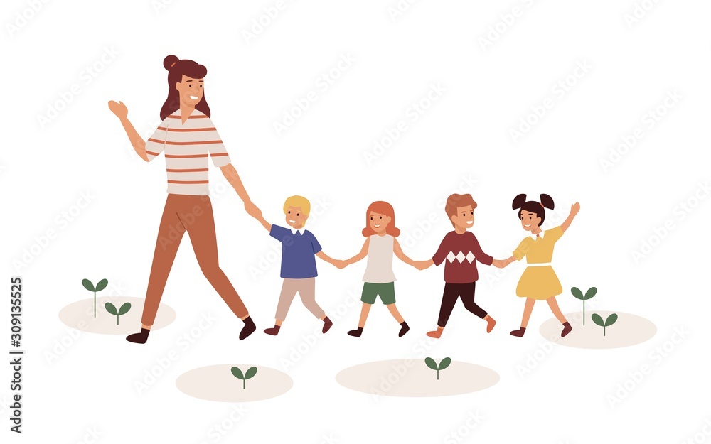 Kindergartener with children flat vector illustration. Female ...
