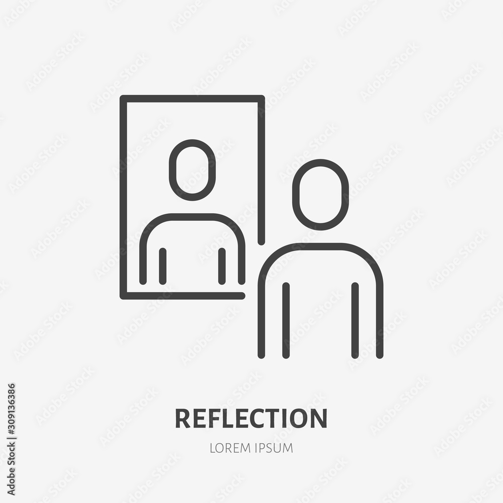 Person reflection in a mirror line icon, vector pictogram of confidence ...