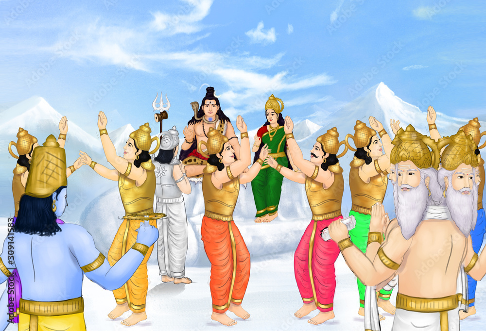 Devas and Asuras worshipping Lord ShivaDevas and Asuras worshipping ...
