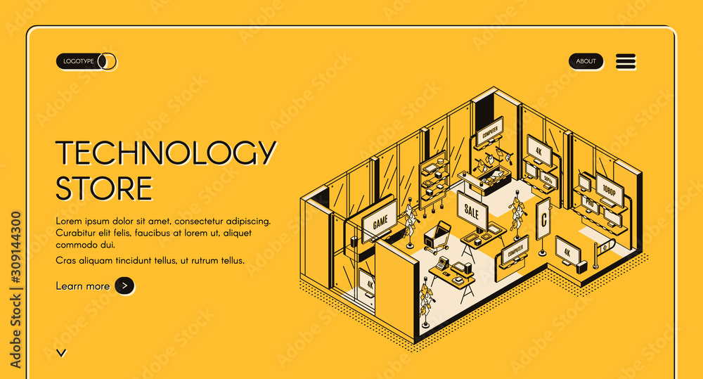 Technology store isometric landing page. Empty mall interior with ...