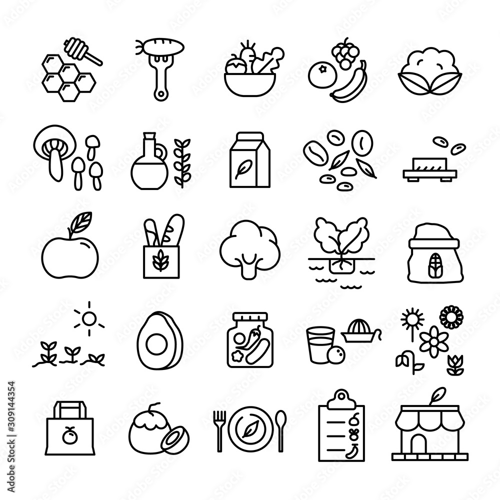set of healthy eating icons editable stroke line. vegan food symbolic ...