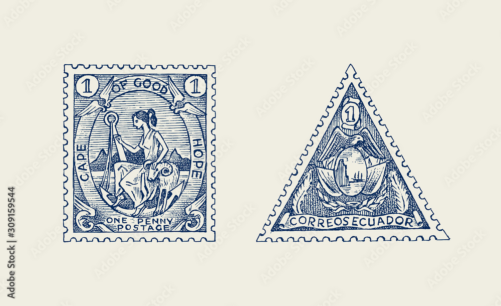 Vintage Postage stamp for album. Ancient landscapes. Retro old Sketch ...