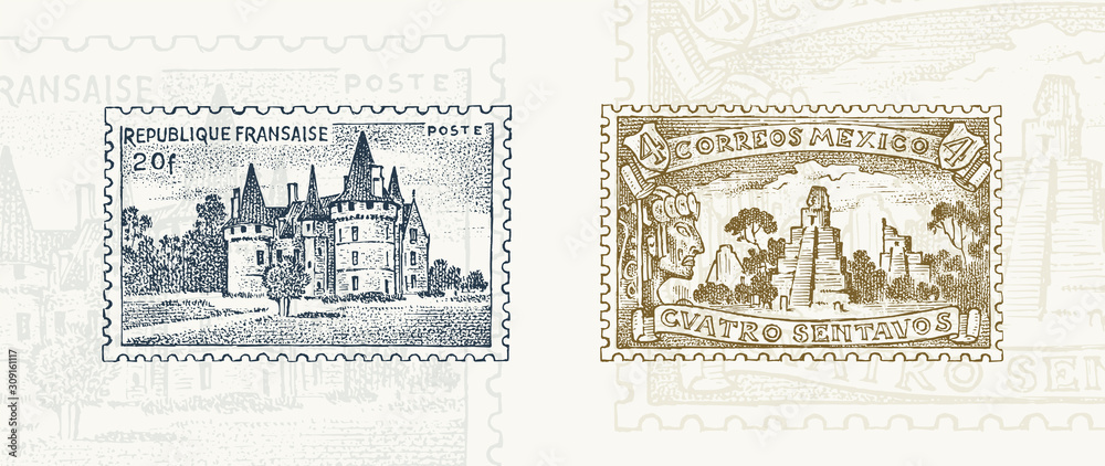 Vintage Postage stamp for album. Ancient landscapes. Retro old Sketch ...