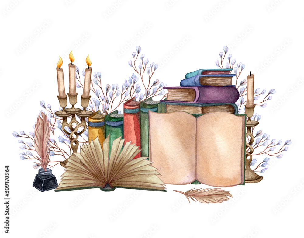 Hand Drawn watercolor illustration a pile of old books, ink bottle, ink ...