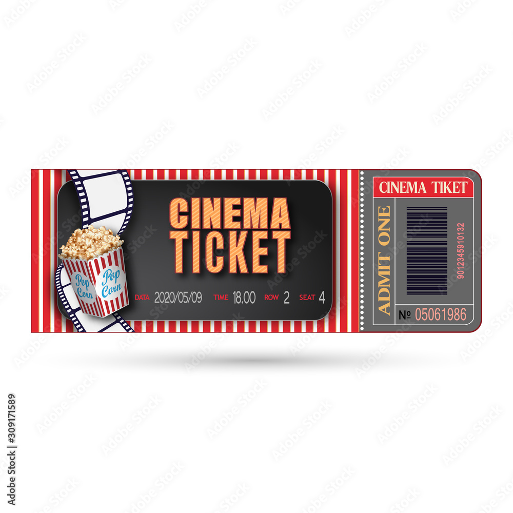 Cinema ticket close up isolated on white background. Retro movie ...