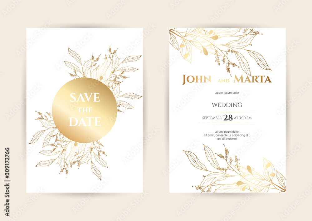 Wedding Invitation with Gold Flowers. background with geometric golden ...