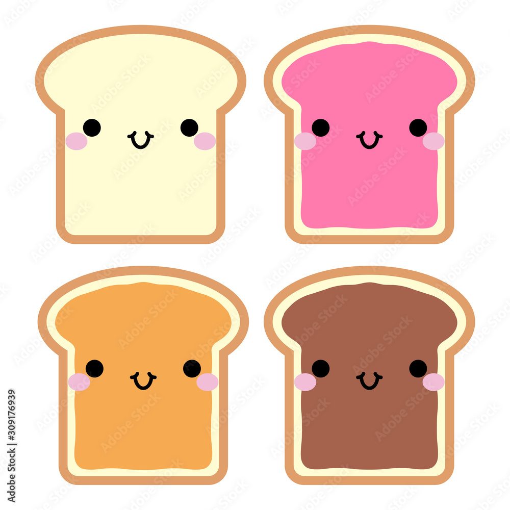 Cute toasts with chocolate, jam and peanut butter. In kawaii style with ...