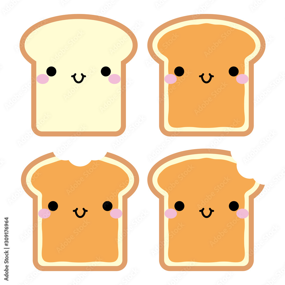 Cute cartoon toasts with peanut butter. In kawaii style with smiling ...