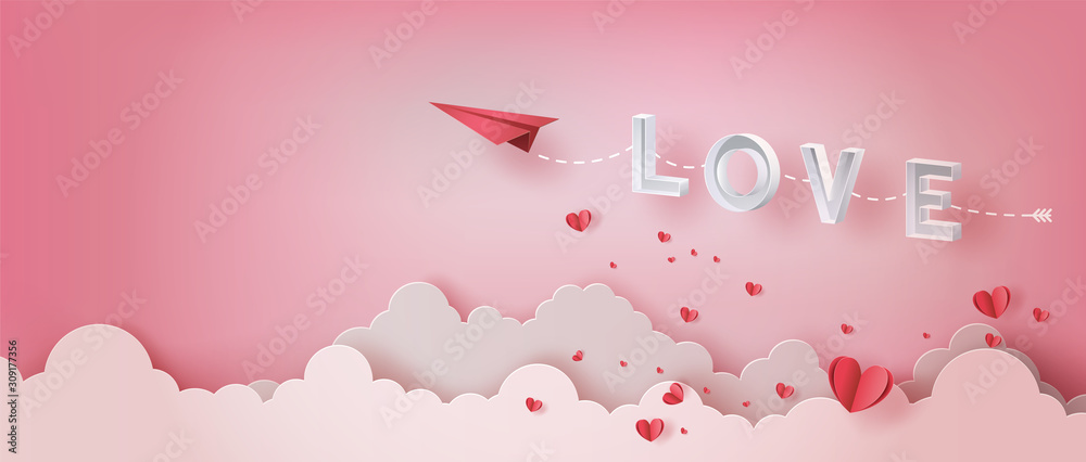 Paper plane flying in the sky with letter LOVE and many hearts floating ...