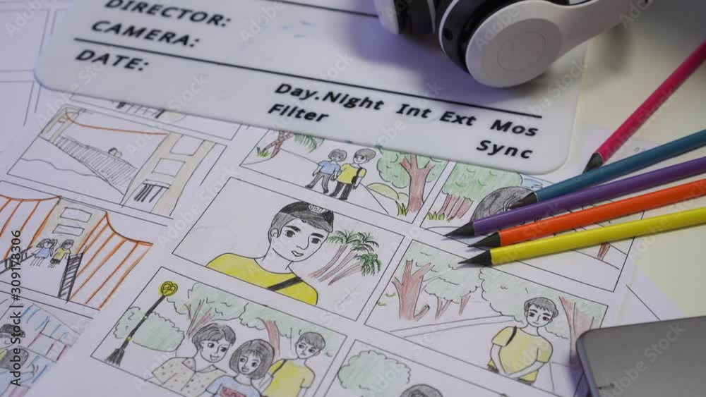 Video Pre-production for film movie storyboard concept: Color pencil ...